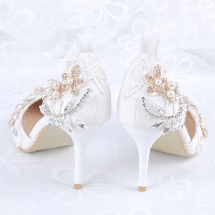 White Pointed-toe Crystal Beaded D’orsay Wedding Heels, Stiletto Pumps ...