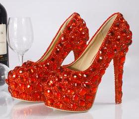 Handmade Glitter Red Crystal Bridal Shoes Bling Rhinestone Party Prom ...