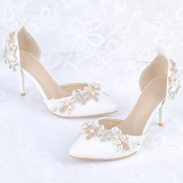 White Pointed-toe Crystal Beaded D’orsay Wedding Heels, Stiletto Pumps ...
