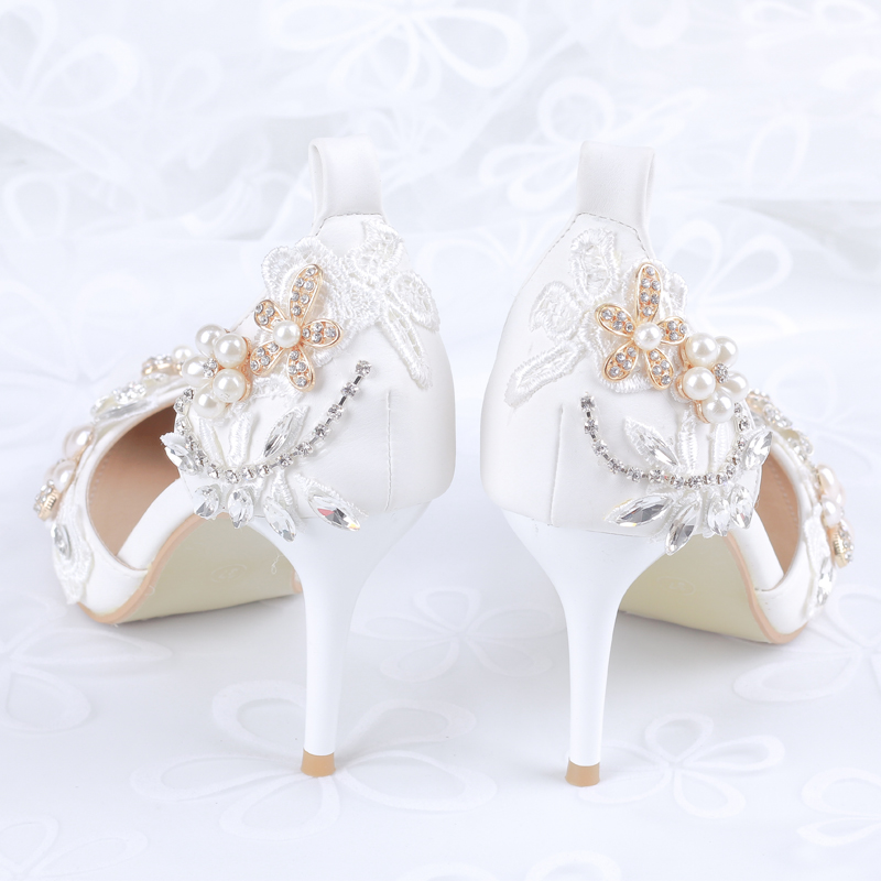 White Pointed-toe Crystal Beaded D’orsay Wedding Heels, Stiletto Pumps ...