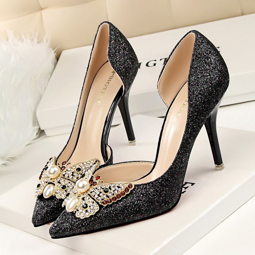 Glittery Pointed Toe High Heel Pumps With Crystal Embellished Butterfly ...