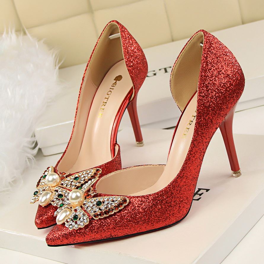 Glittery Pointed Toe High Heel Pumps With Crystal Embellished Butterfly ...