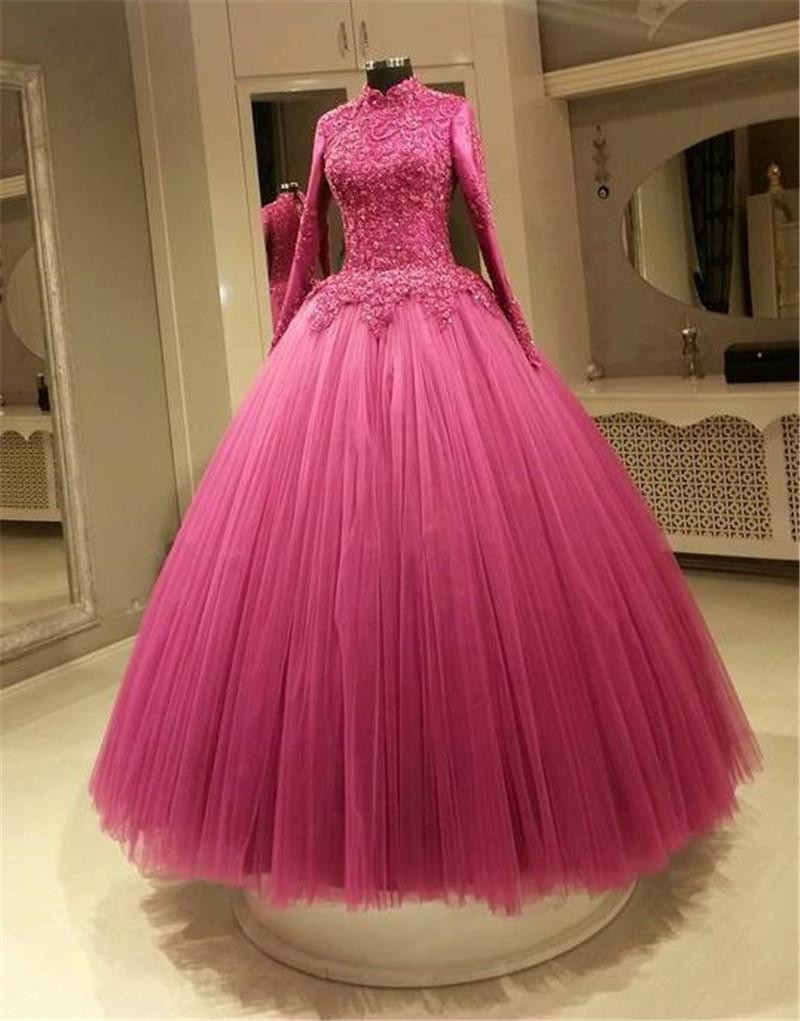 Muslim Fuchsia Color Wedding Dresses A Line High Neck Long Sleeves ...